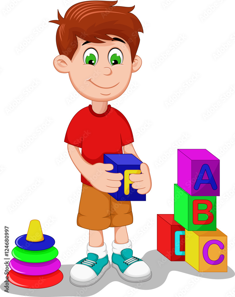 cute boy cartoon playing lego Stock Illustration | Adobe Stock