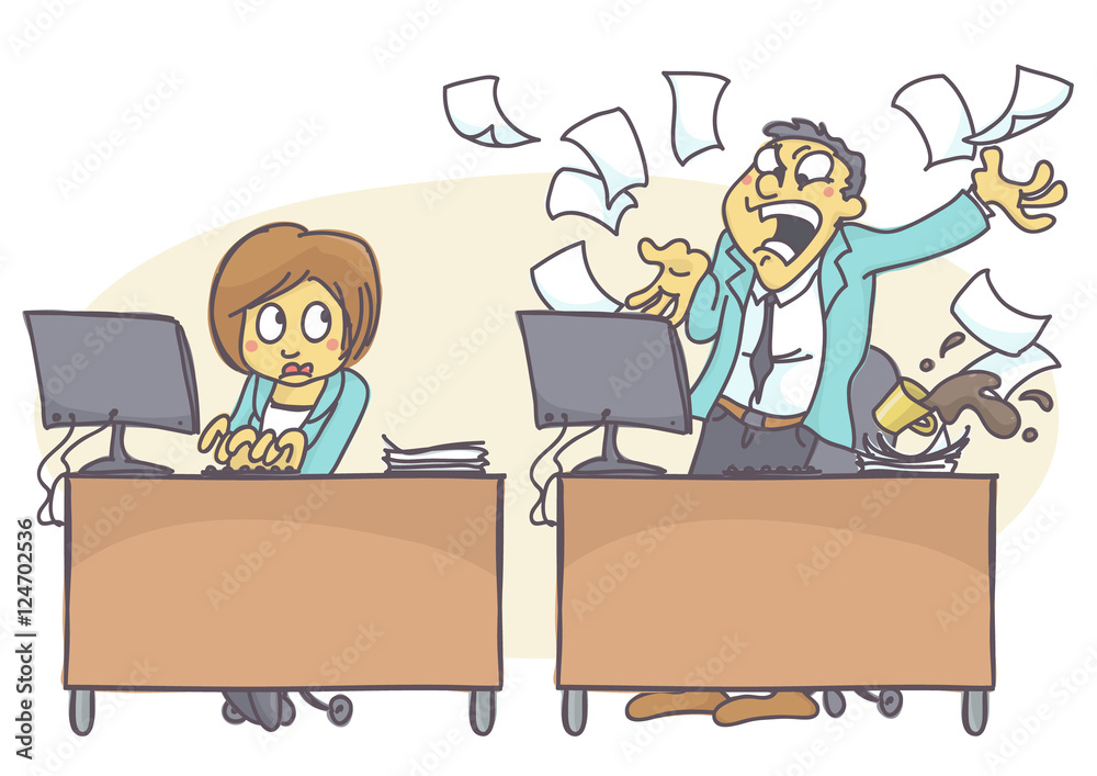 Cartoon illustration of bad coworker situation at work. Woman working ...