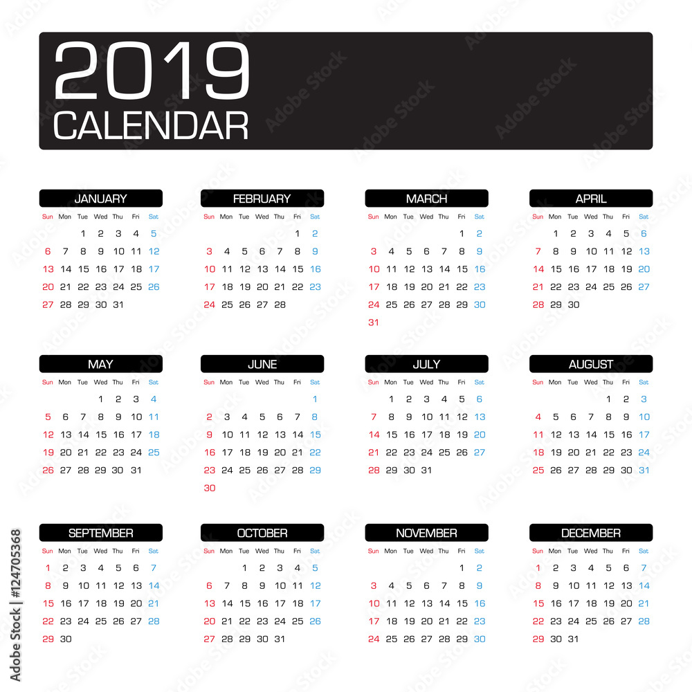 2019 year calendar template Stock Vector | Adobe Stock