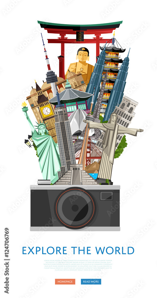 Explore the world poster with Torii Gate, Statue of Liberty, Big Ben ...