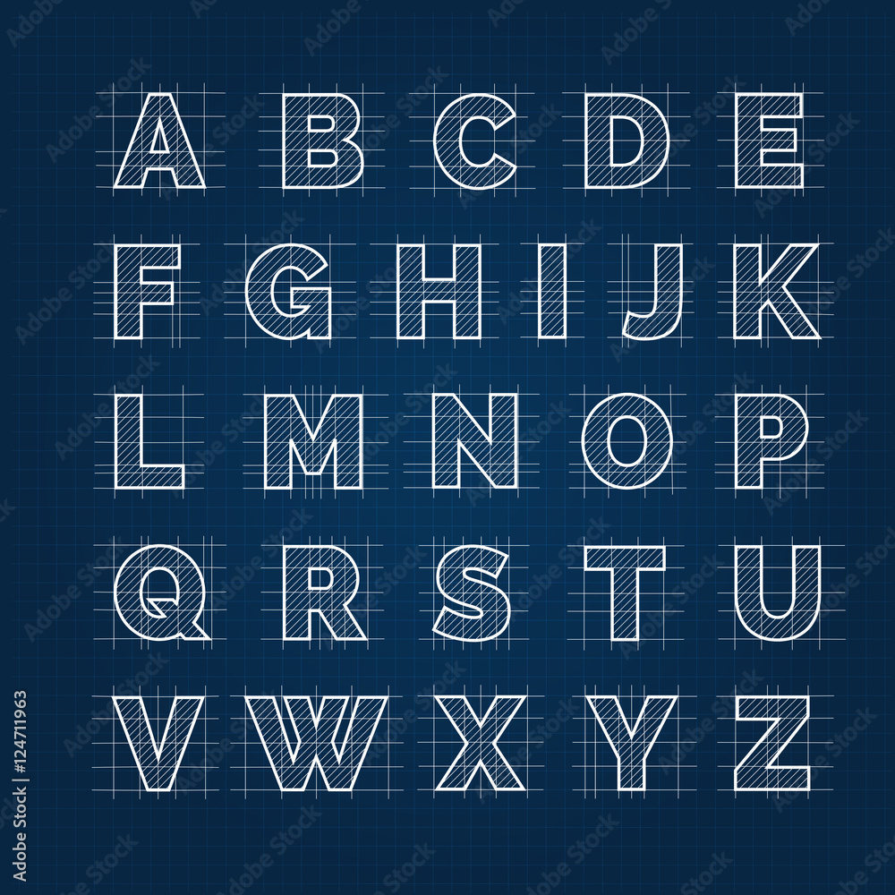 Blueprint vector drafting alphabet. Blueprint sketch roman font on dark ...