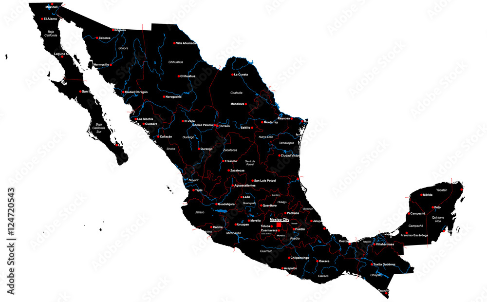 Large and detailed map of Mexico with regions and main cities Stock ...