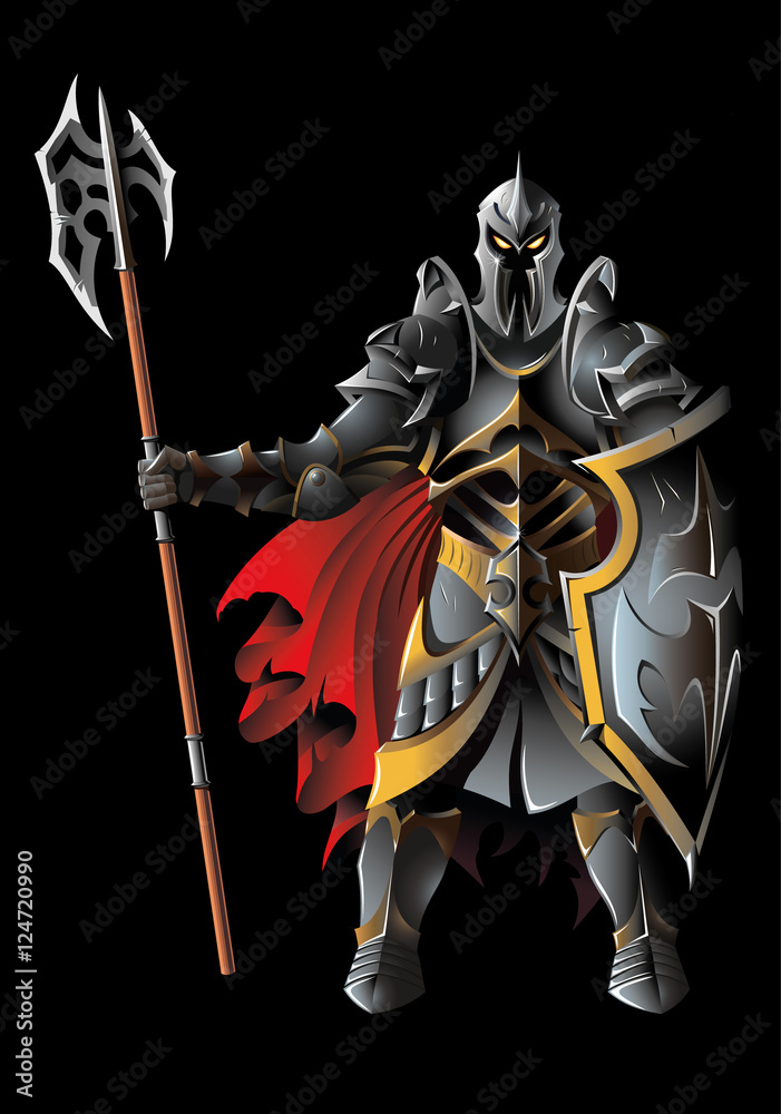 Dark guardian, with full armor, holding halberd, vector illustration ...