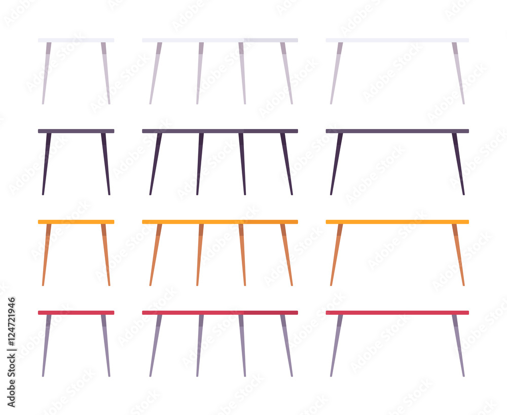 Set of tables shown from different positions, different colours ...