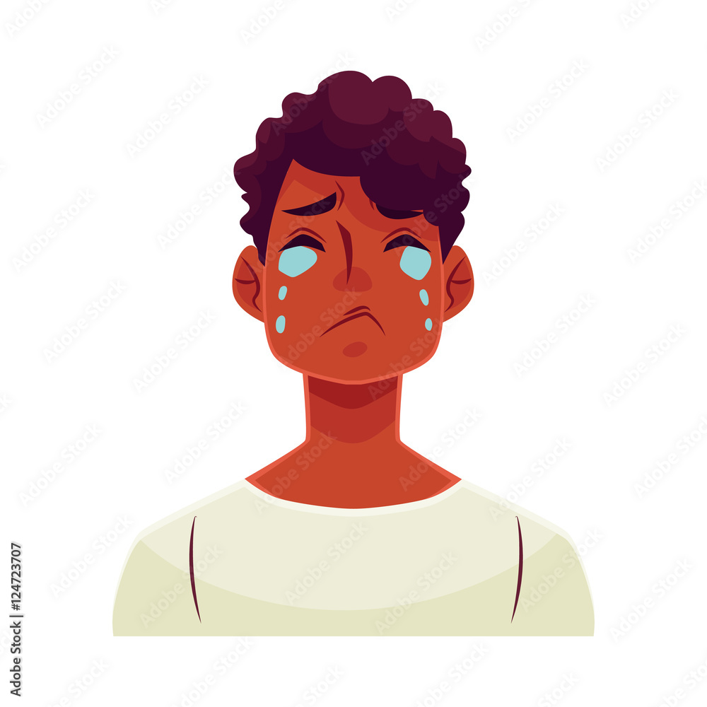 Young african man face, crying facial expression, cartoon vector ...