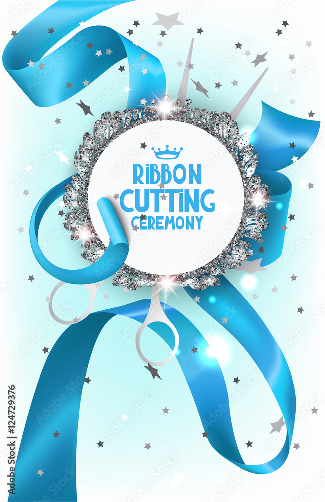 Ribbon cutting ceremony with blue satin ribbon, scissors and silver ...