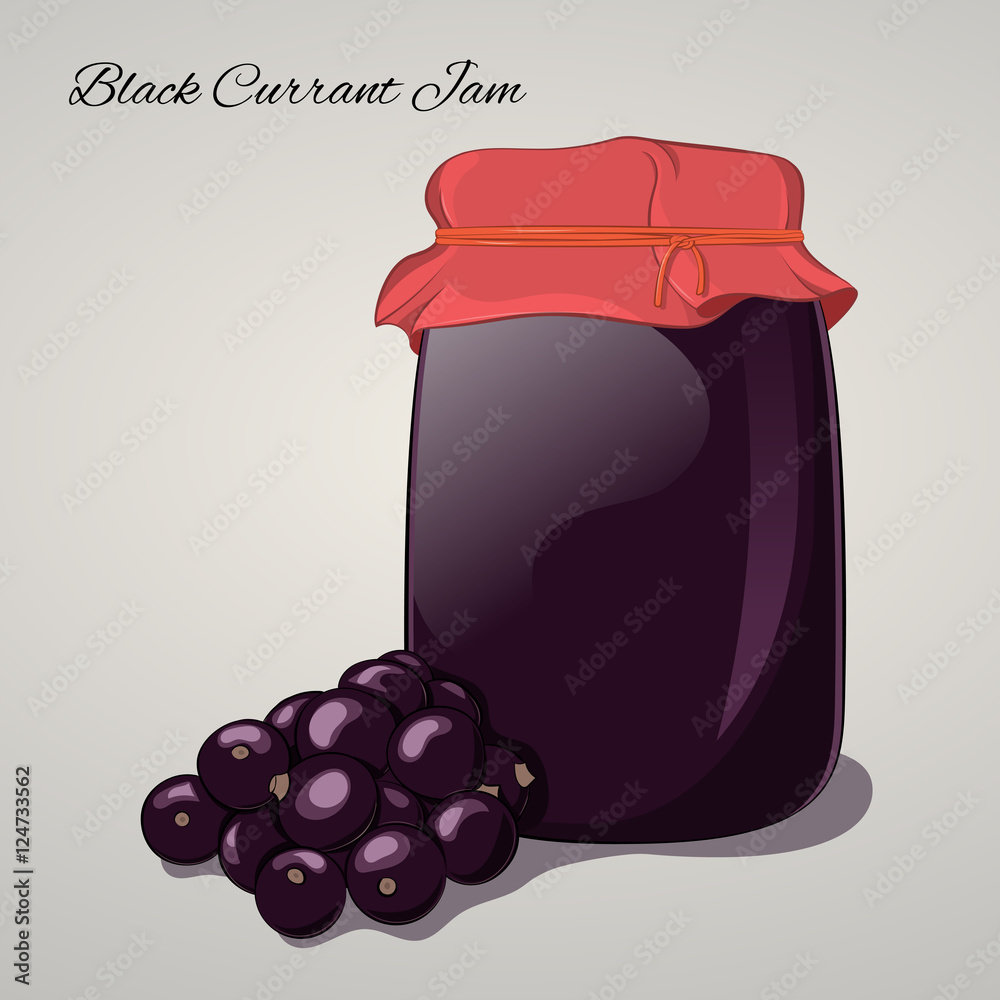 Black Currant jam in a jar and fresh Black currant on grey background ...