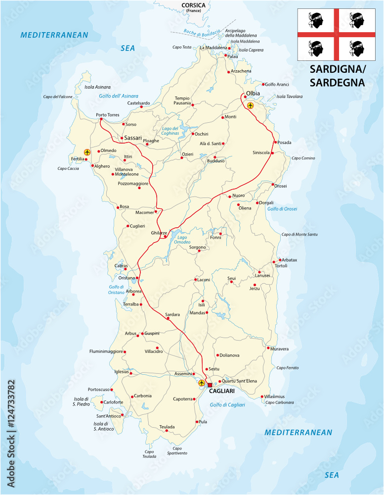 Road map of the italian mediterranean island sardinia with flag Stock ...