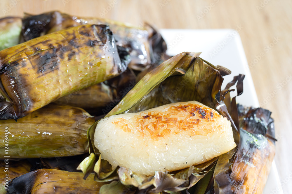 Grilled Sticky rice with taro / Original Thai dessert. Stock Photo ...