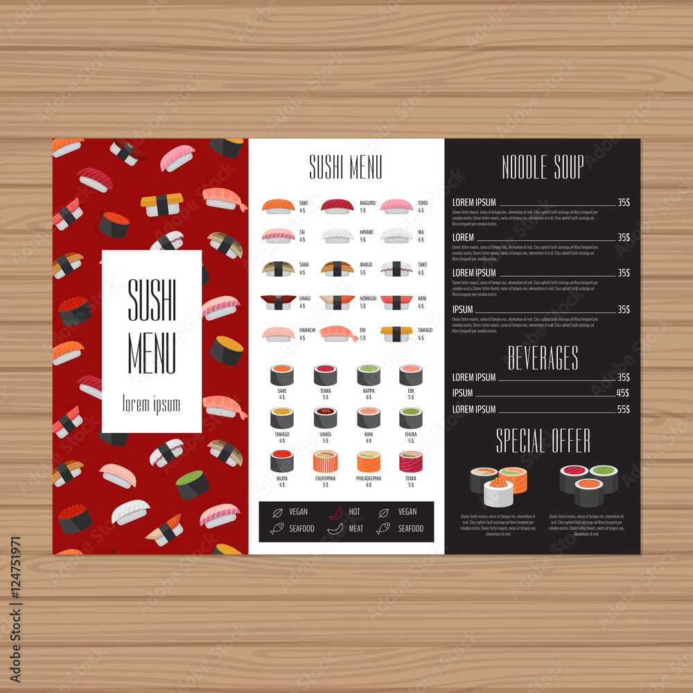 Sushi menu design. Tri-fold leaflet layout template. Japanese food ...