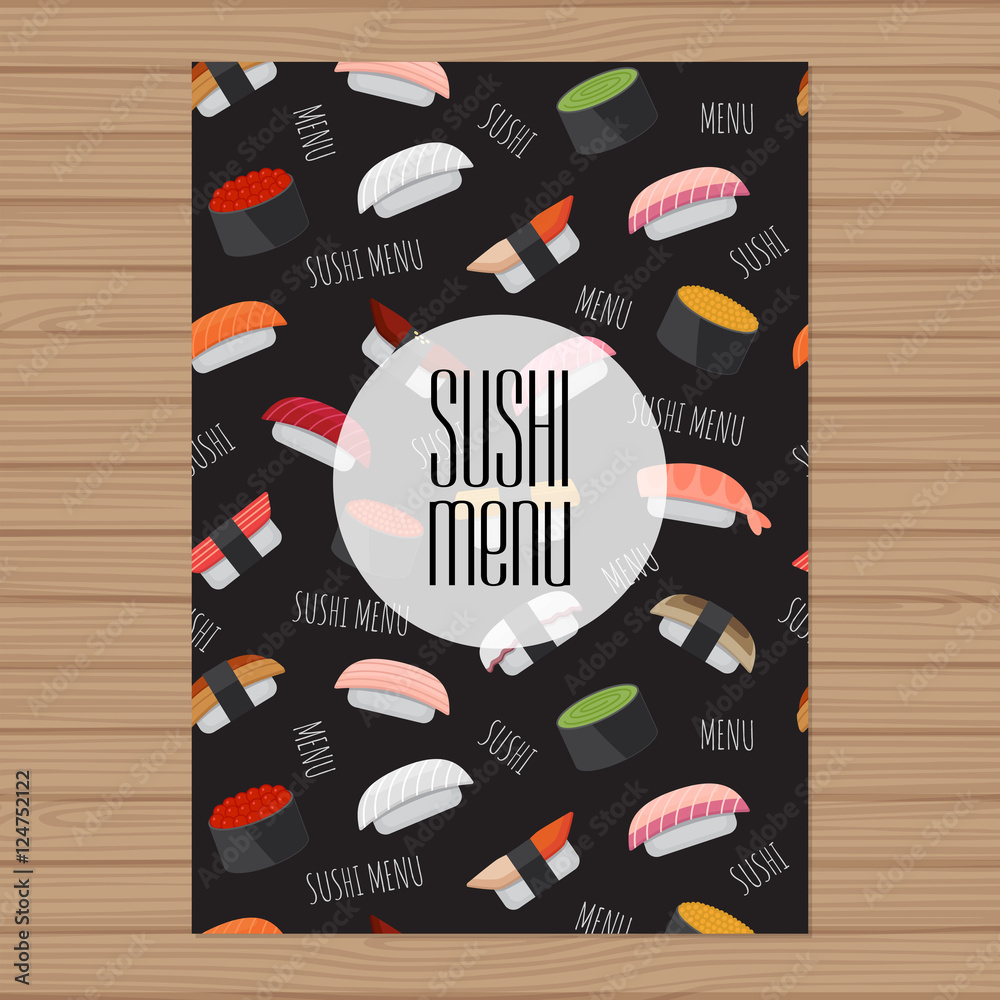 Sushi menu design. A4 size layout template. Cover restaurant brochure ...