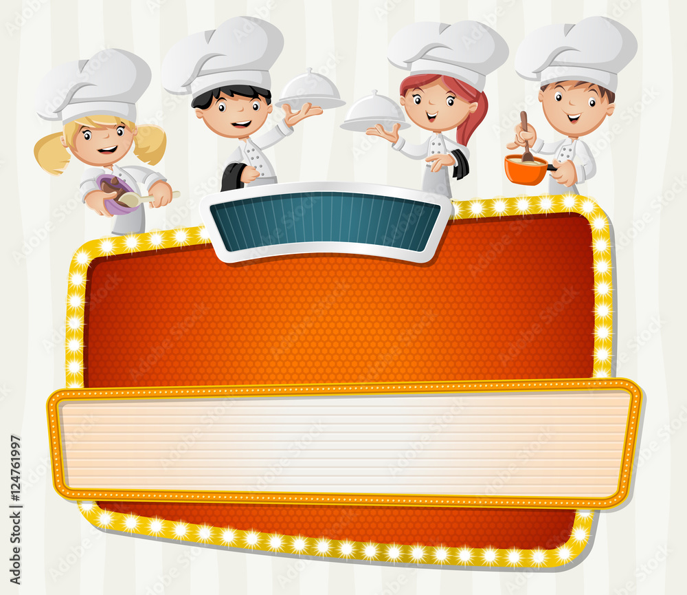 Vector banners backgrounds with cartoon chefs cooking and holding tray ...