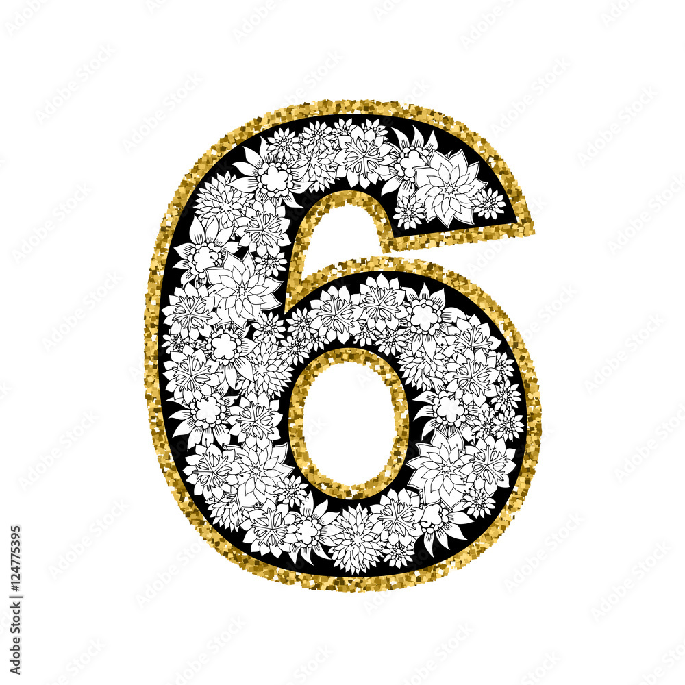 Hand drawn alphabet design. Digit 6. Gold glittering contour. Stipple ...