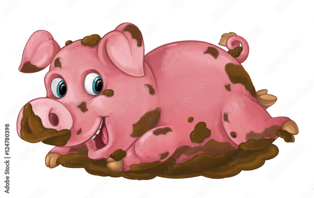 Cartoon happy pig is playing in mud - looking and smiling - artistic ...