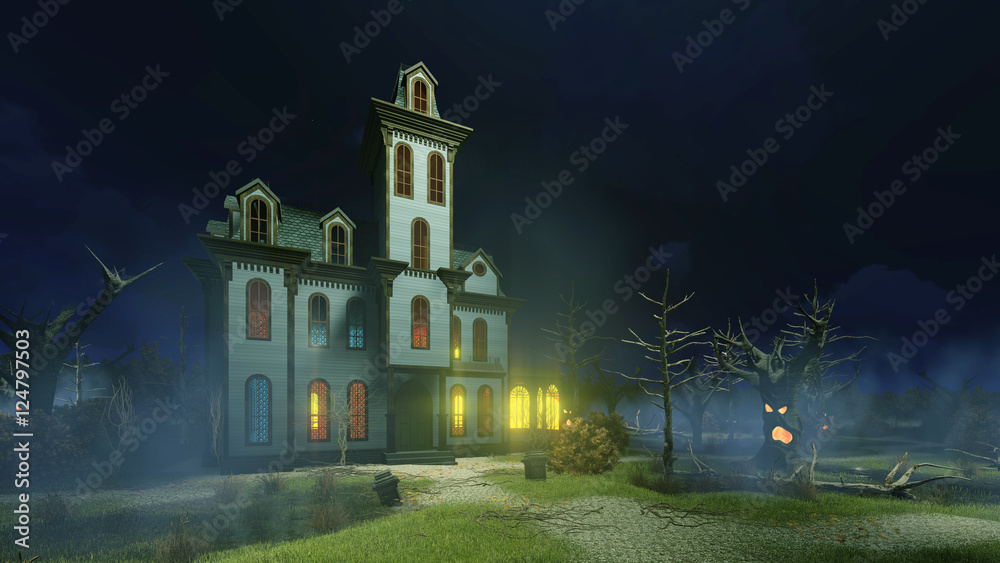 Old scary haunted mansion with luminous windows surrounded by fantastic ...