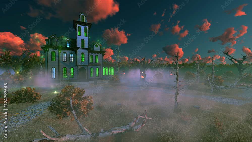 Fantastic spooky haunted mansion with luminous windows surrounded by ...
