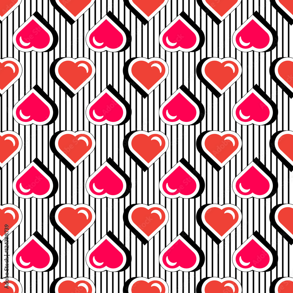 Seamless pattern with colorful badge shape hearts on black striped ...