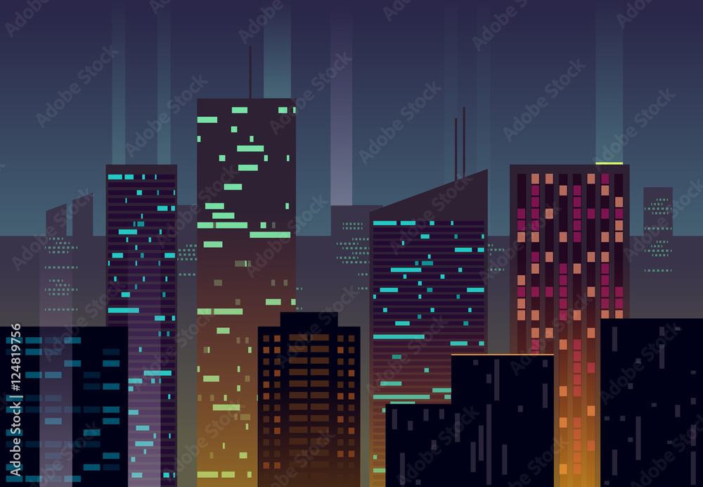 Night city, buildings with glowing windows at dusk vector urban ...