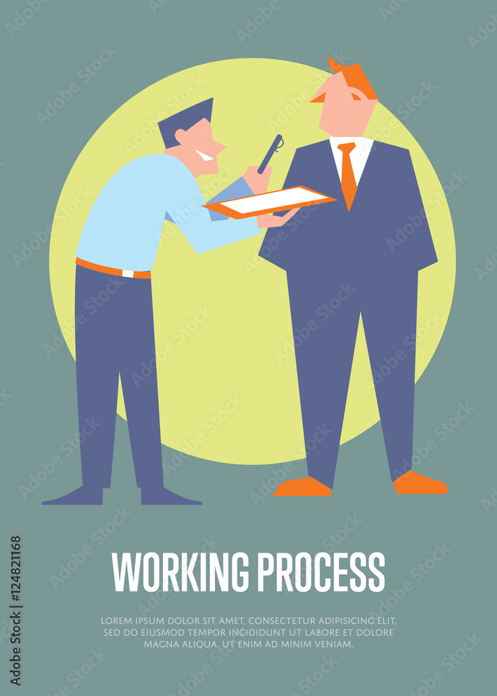 Smiling office clerk giving pen and clipboard his boss for signature ...