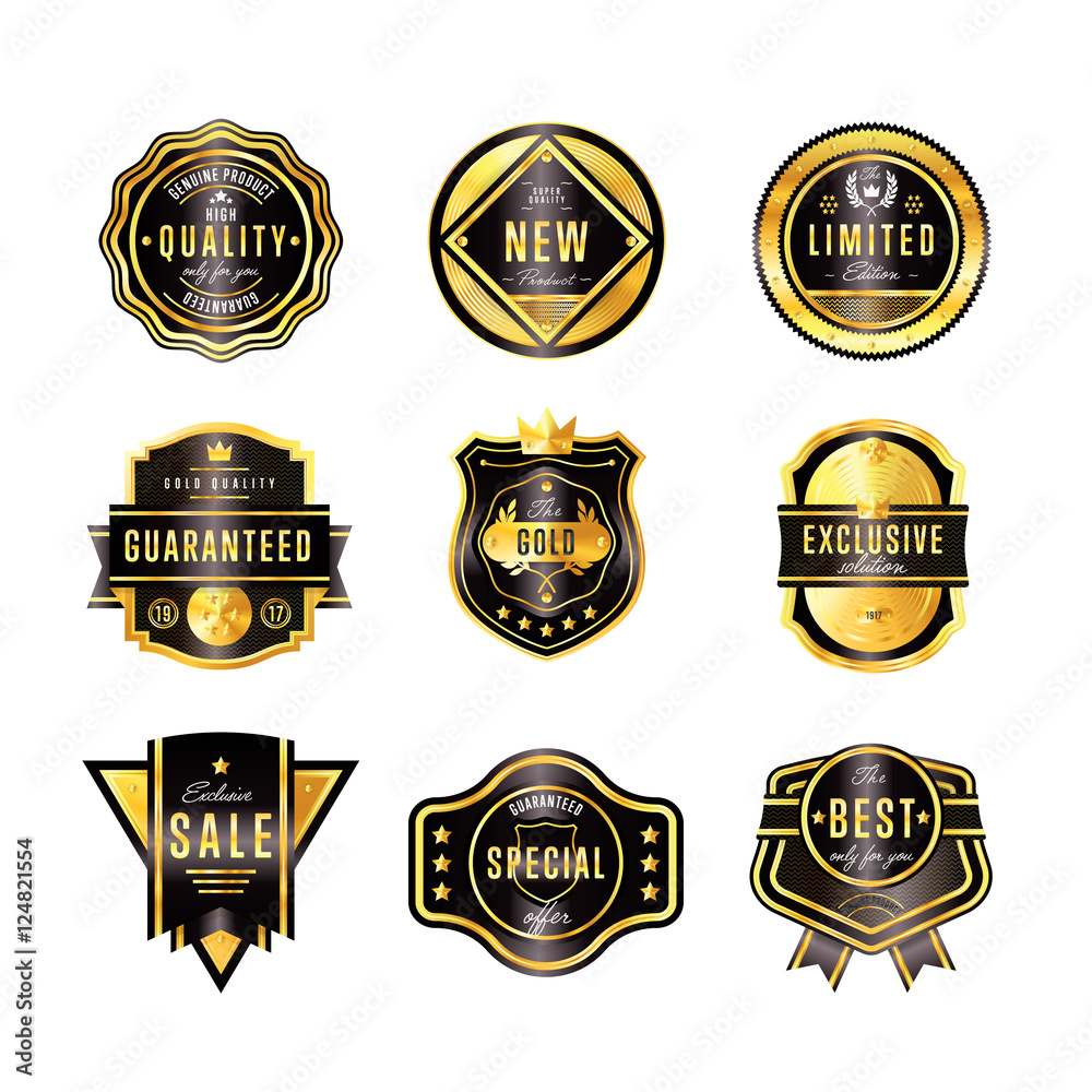 Gold metal badge collection vintage style isolated vector illustration ...