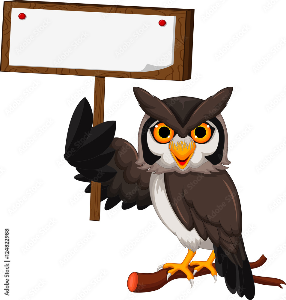 Cute owl cartoon posing with blank sign Stock Illustration | Adobe Stock