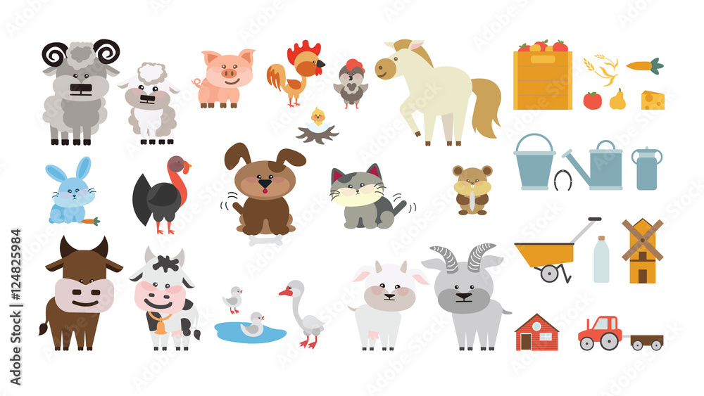 Farm animals set. Isolated home animals on white background as dog, cat ...