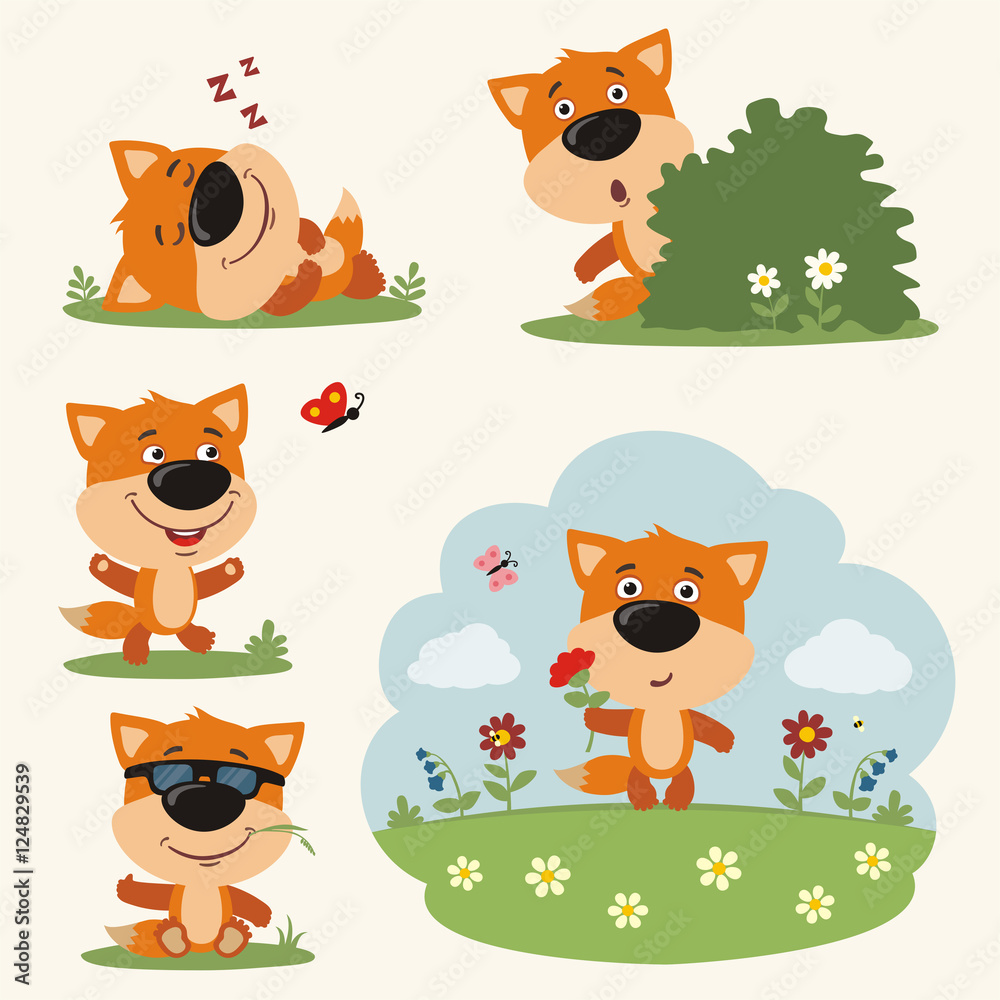 Vector set funny fox in different poses on summer meadow with flowers ...