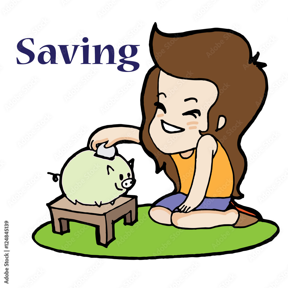 cute girl money saving cartoon vector character Stock Illustration ...