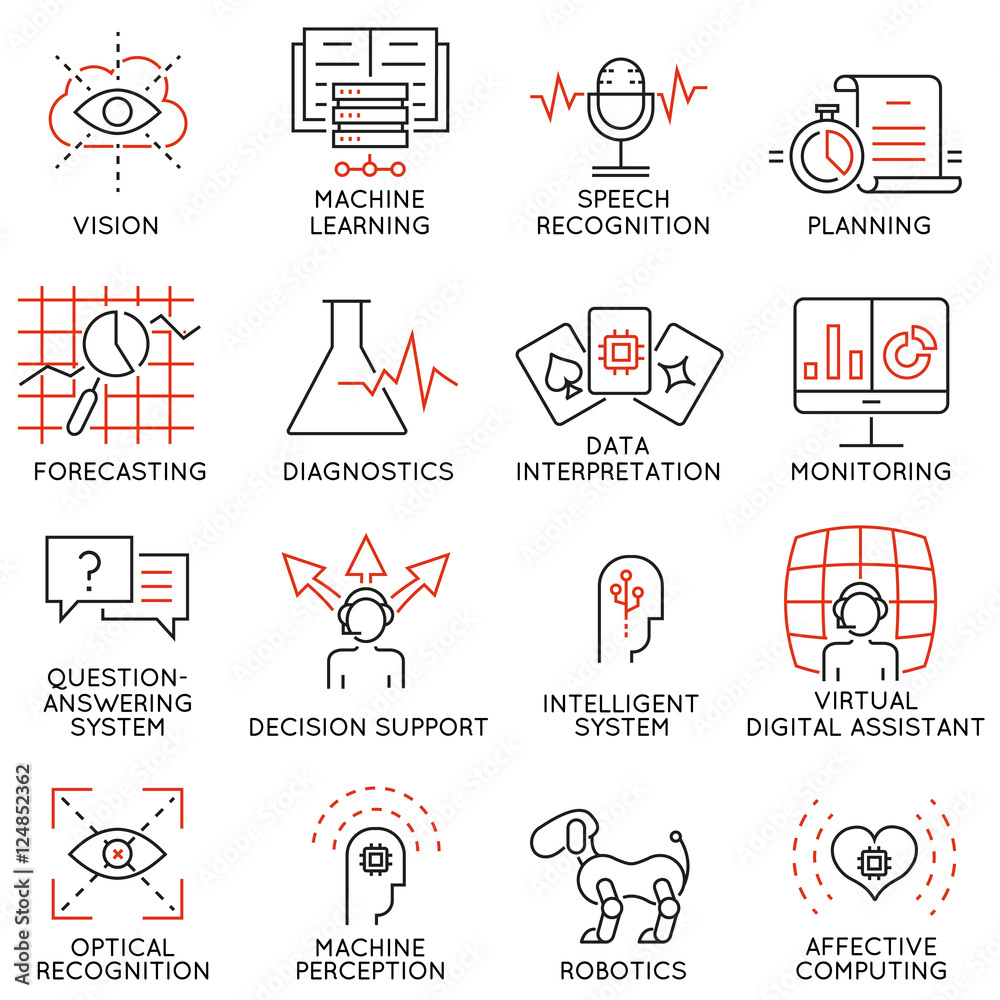 Vector set of 16 thin icons related to artificial intelligence and data ...