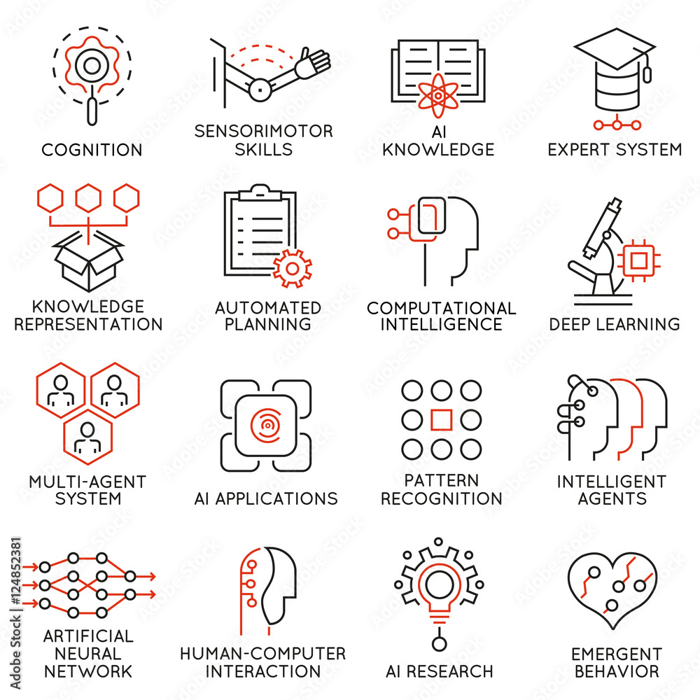 Vector set of 16 thin icons related to artificial intelligence and data ...