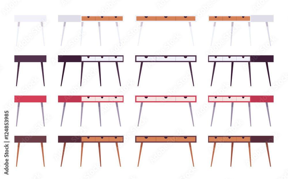 Set of tables with drawers shown from different positions. Cartoon ...