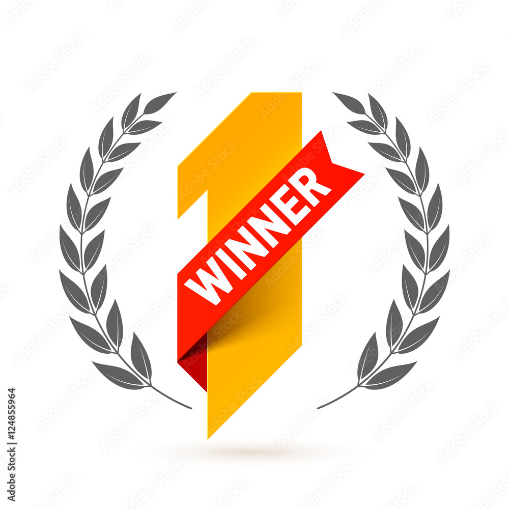 First winner, number one illustration with red ribbon and laurel wreath ...