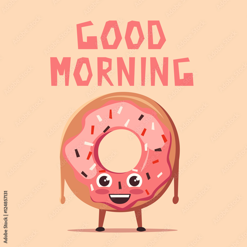 Pink donut character. Cartoon vector illustration. Good morning Stock ...
