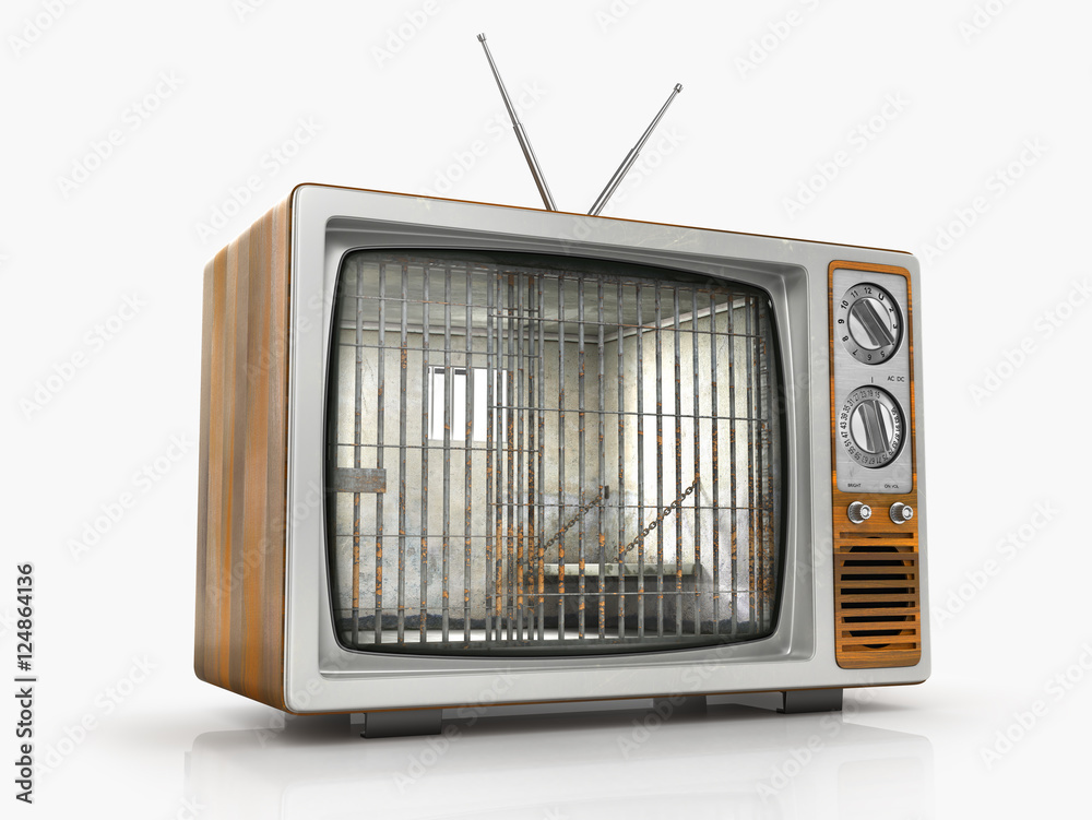 TV as prison. Old prison cell in the screen of old TV. Dependenc Stock ...