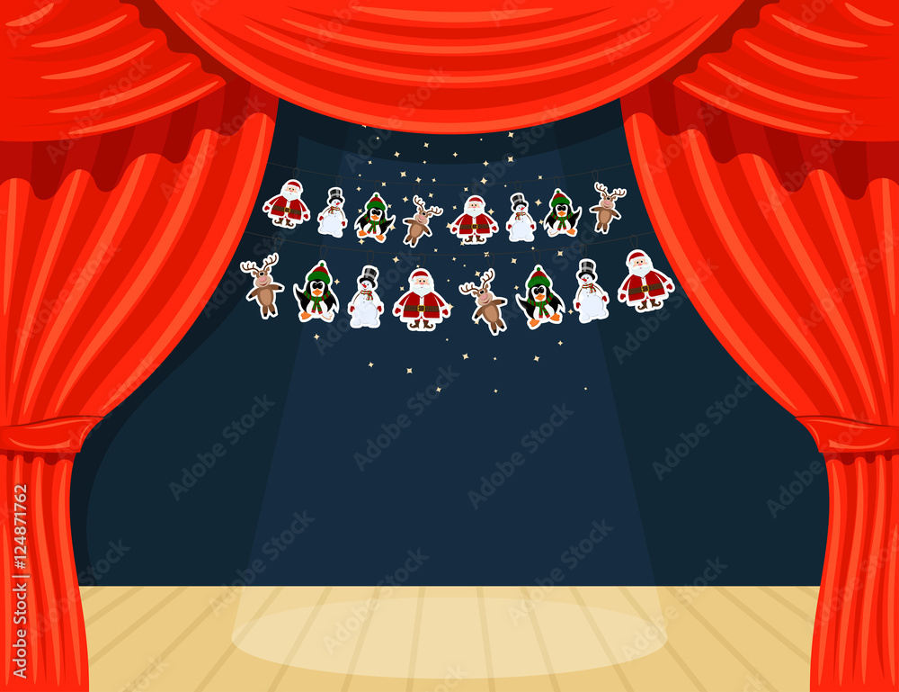 Cartoon theater. Theater curtain with spotlights beam, stars and Stock ...