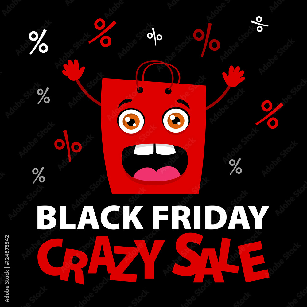 Black friday crazy sale. Happy red funny crazy shopping bag with rising ...