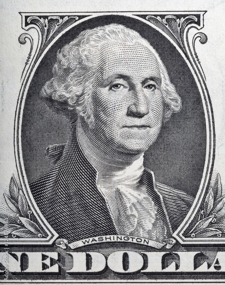 Macro of George Washington on one dollar bill Stock Photo | Adobe Stock