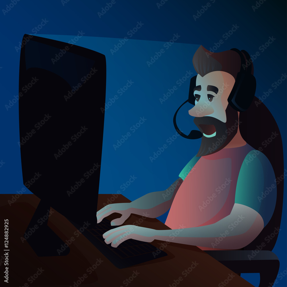 Bearded gamer in the dark.Cartoon style character. Vector illustration ...