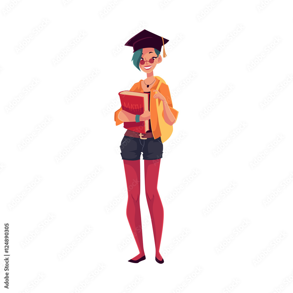 College, university student girl in graduation cap holding textbooks in ...