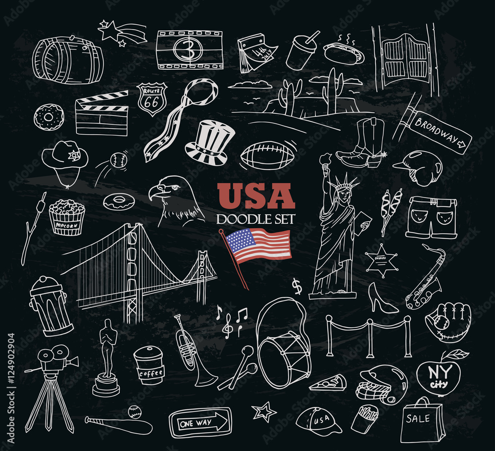 Hand-drawn doodle collection of the different American objects ...