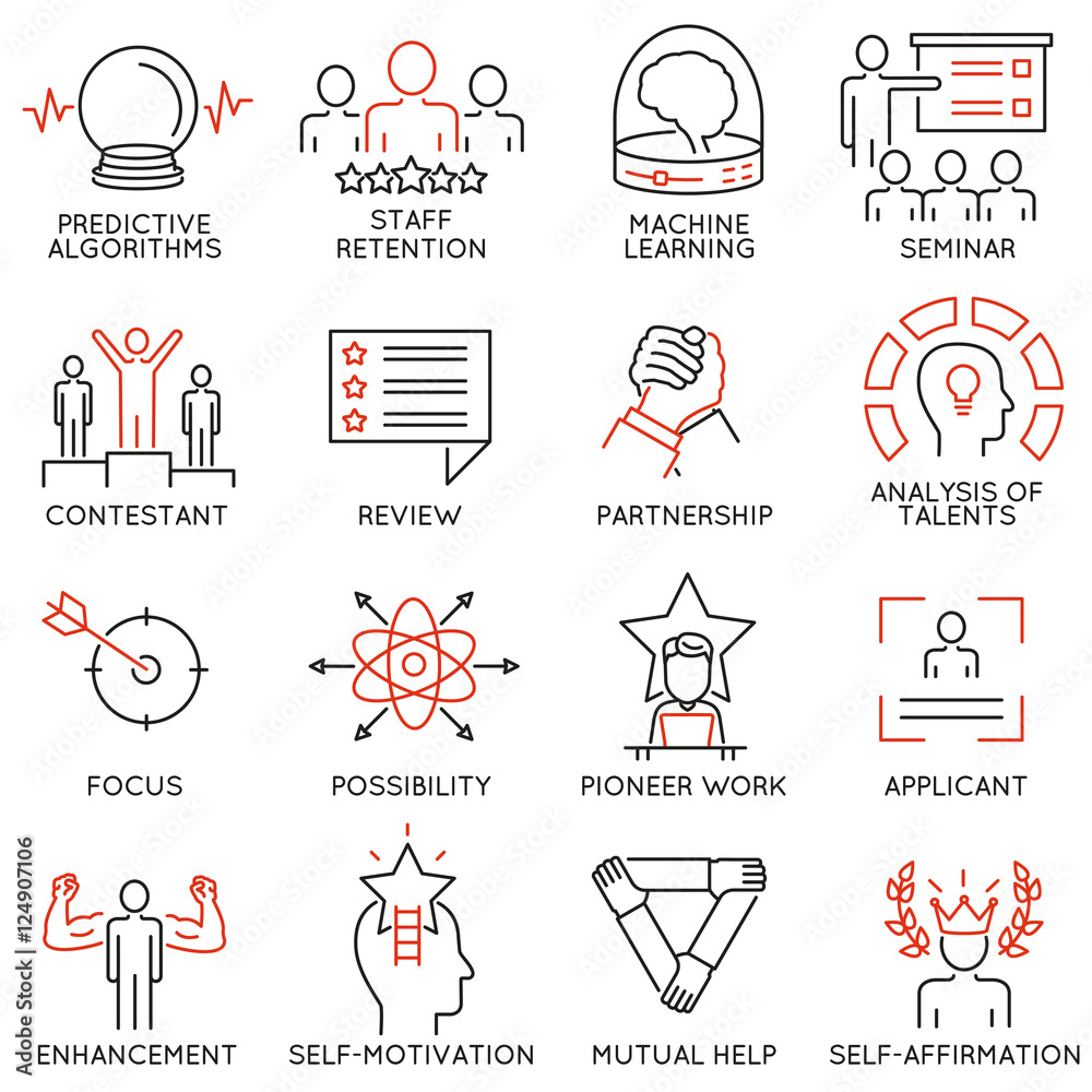 Vector set of 16 linear thin icons related to striving for success ...