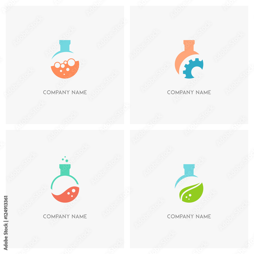 Laboratory test tube vector logo. Lab bottle with bubbles, gear wheel ...