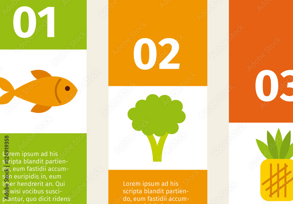 Vertical Tab Nutrition Infographic with Fish and Produce Icons Stock ...