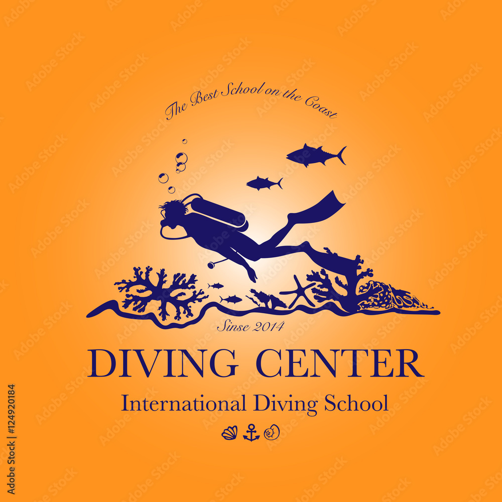 Scuba diving and snorkeling center or school logo. Scuba diver swimming ...
