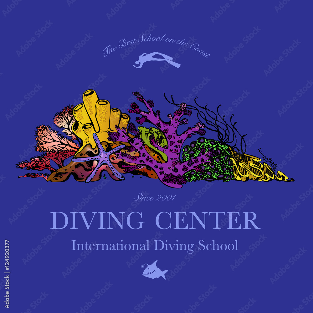 Scuba diving and snorkeling center or school logo. Scuba diver swimming ...