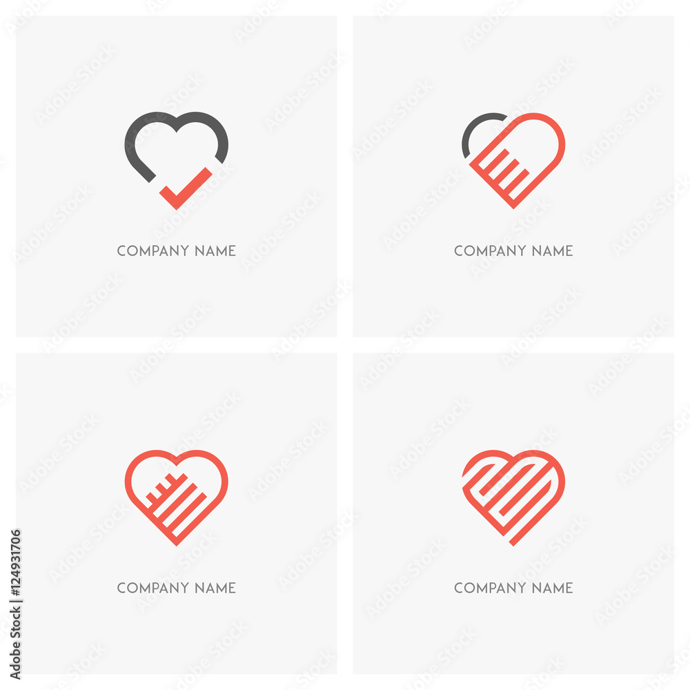 Love vector logo set. The heart symbol with check mark, labyrinth and ...
