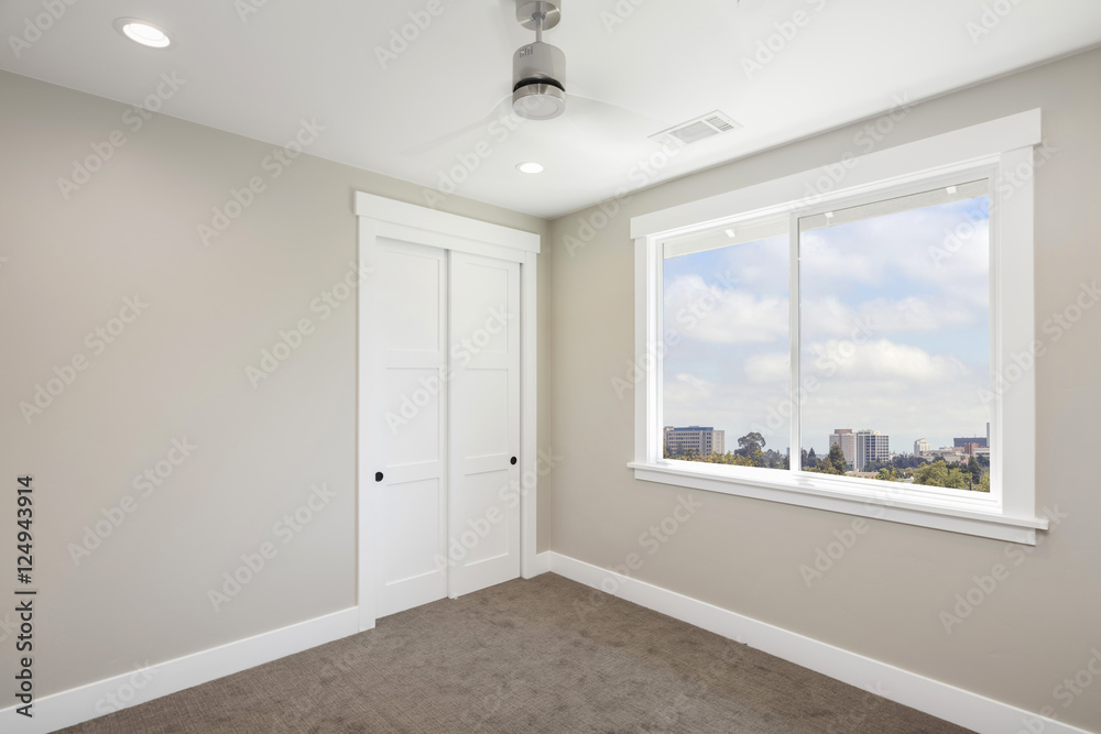 Empty room interior with, ceiling fan, carpet with small walk-in Stock ...