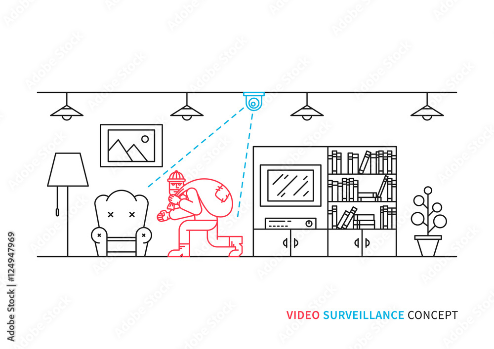 Thief (robber) in apartment vector illustration. Video camera ...