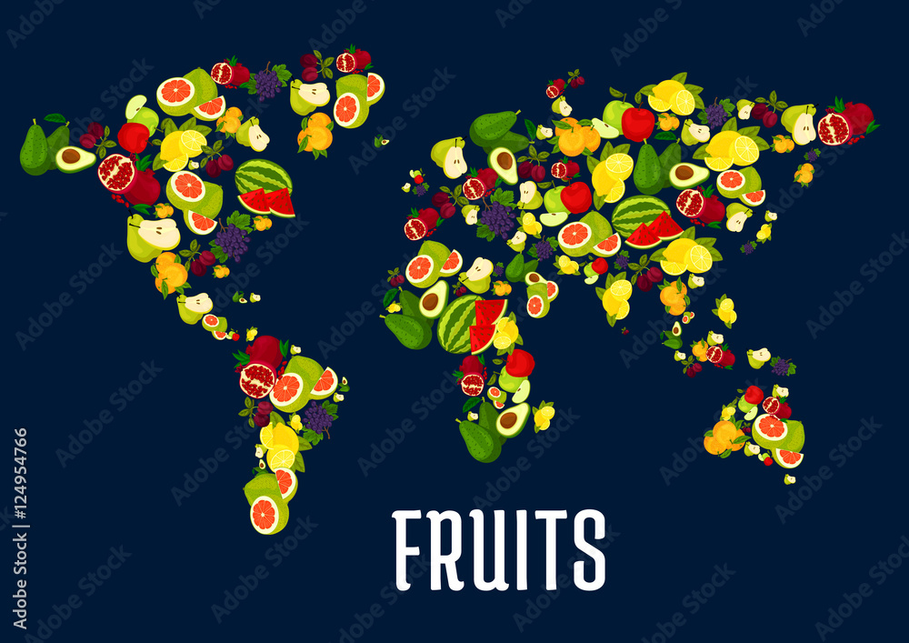 Map of world continents designed of fruits Stock Vector | Adobe Stock
