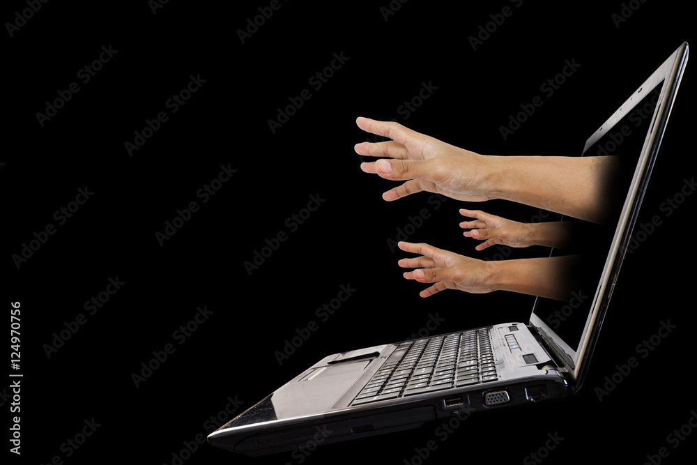 Hand reach out from laptop screen, isolated on black background Stock ...